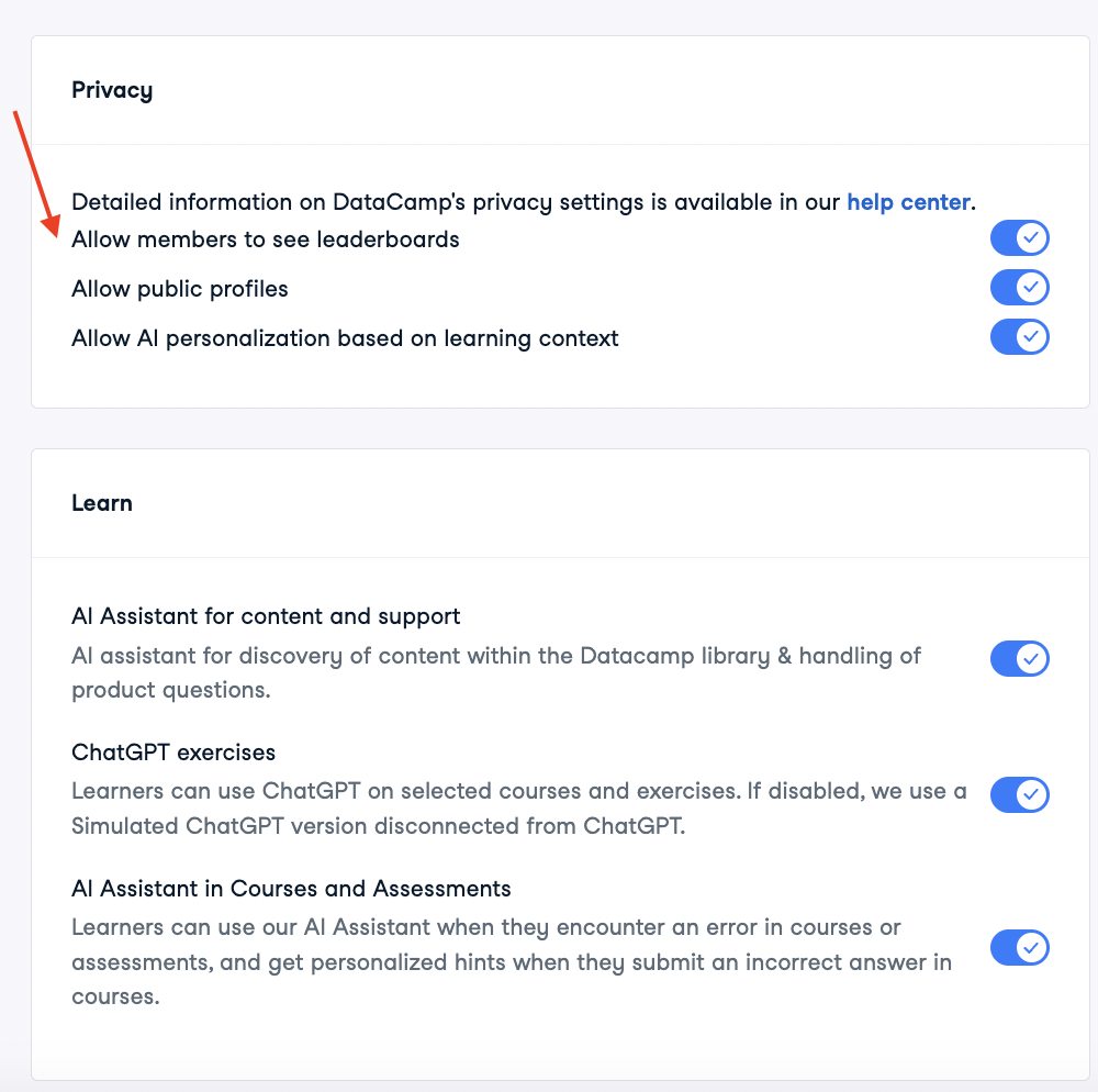 For Business | Privacy & Leaderboard Settings – Support | DataCamp