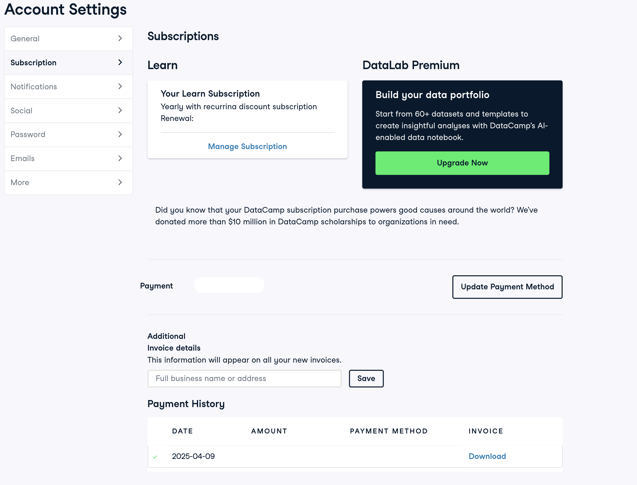Downloading Invoices for Individual Subscriptions – Support | DataCamp